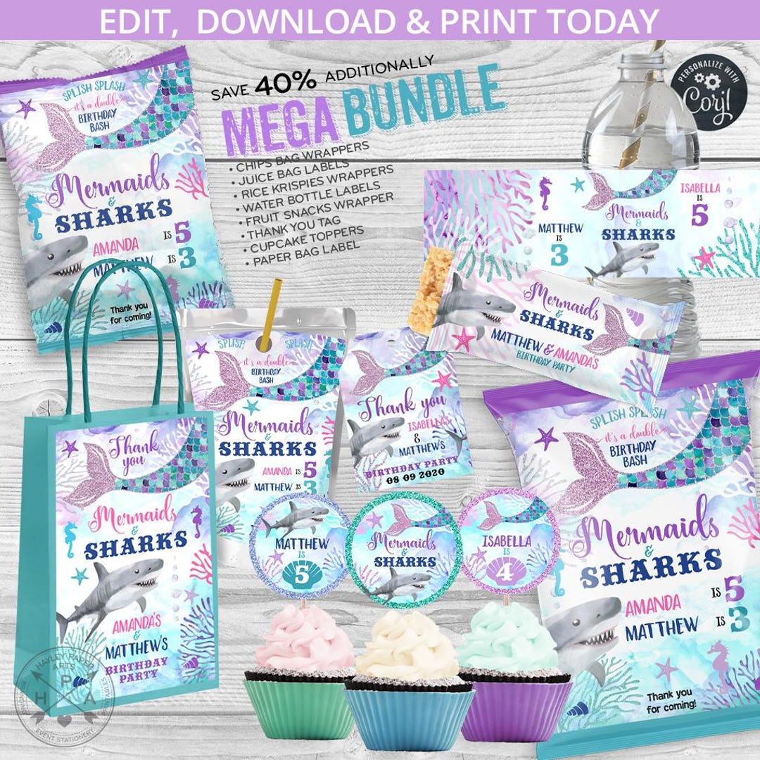 Mermaids and Sharks Birthday Party Pack MEGA BUNDLE, Chips Bags, Juice ...
