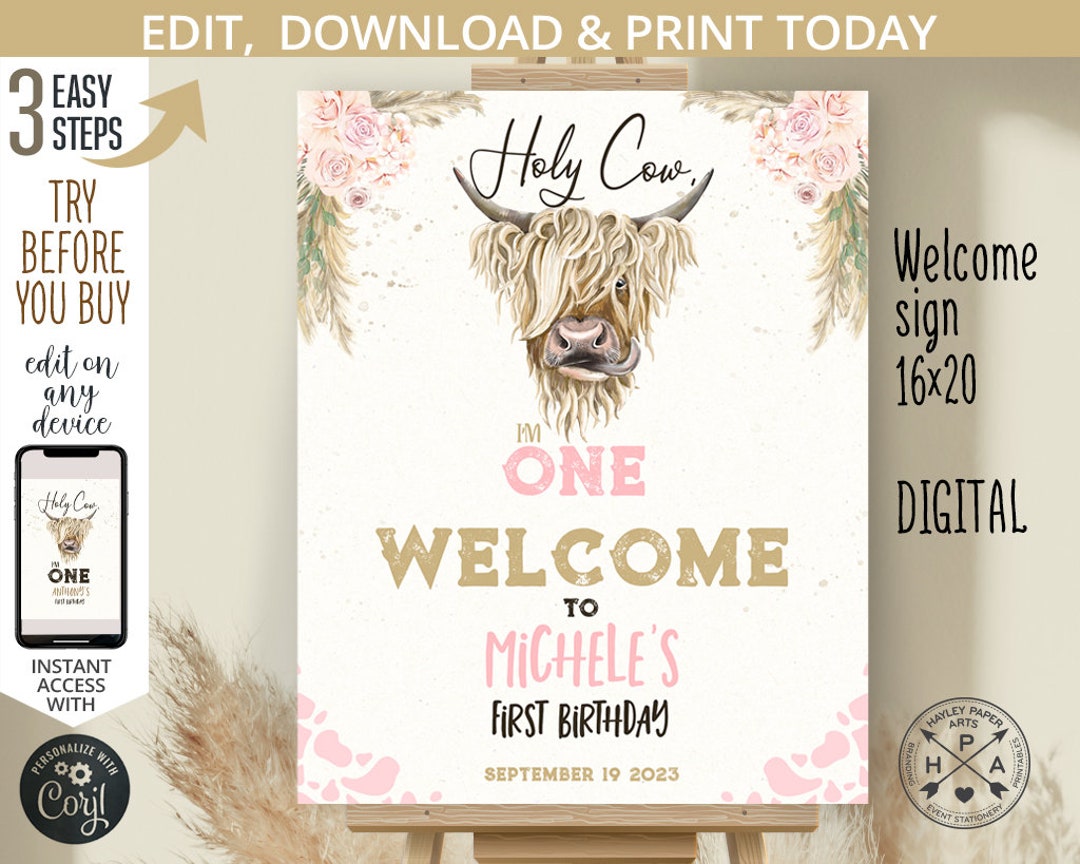 Holy Cow Welcome Sign First Birthday Cowgirl ONE Pink Pampas Highland ...