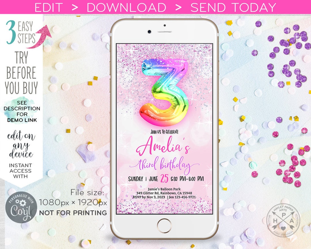 3rd Birthday Electronic Invitation Evite Rainbow Balloon Confetti Foil ...