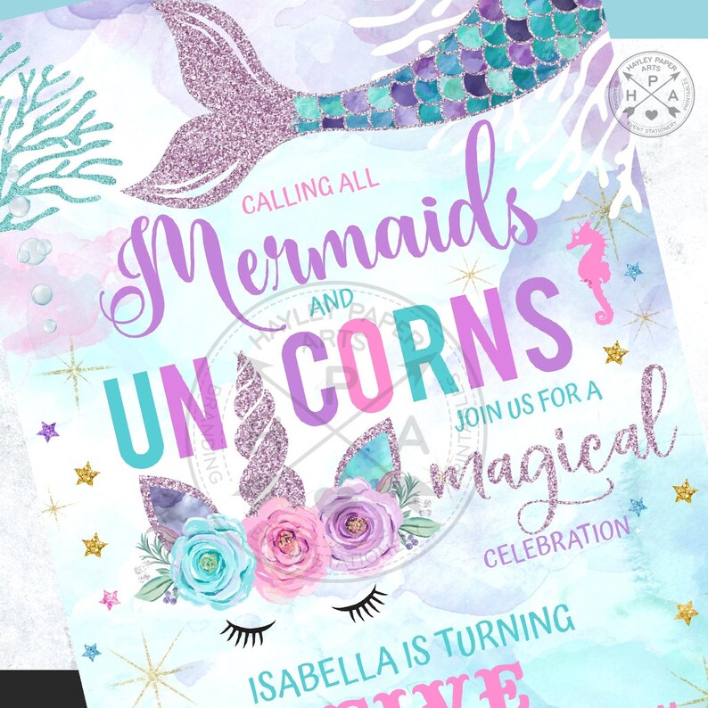 Mermaids Unicorns Invitation Magical Birthday Mermaid Kisses | Etsy