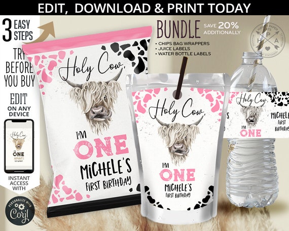 BUNDLE Holy cow I'm ONE highland cow chips bag wrapper, juice bag ...