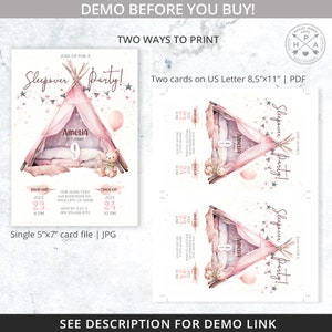 Sleepover Party Invitation, Tent Tee Pee Slumber Pink Pastel Bohemian ...