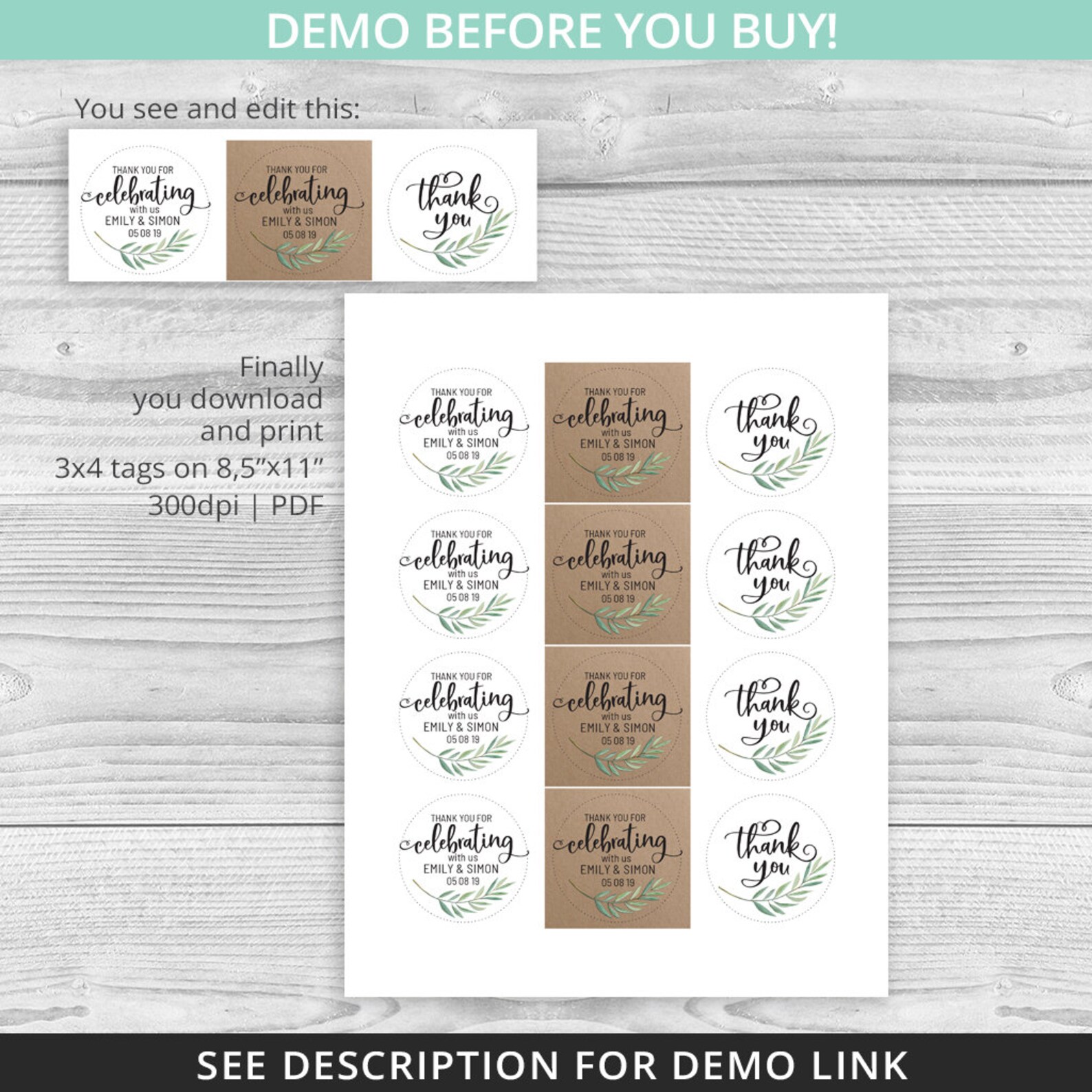 EDITABLE Favor Tag Thank You Round 2x2 Kraft Craft Eucalyptus Shower ...