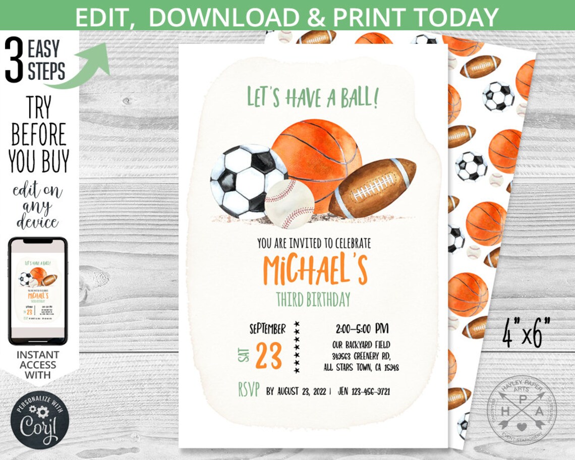 Let's Have a Ball Sports Birthday Invitation Balls All Stars Boy Party ...