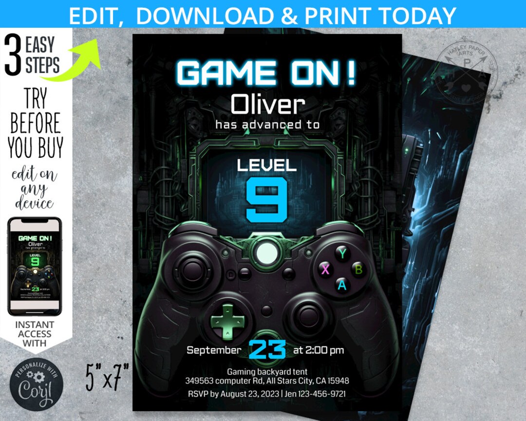 Video Game Party Birthday Invitation, Gamer Game on Console Gaming Neon ...