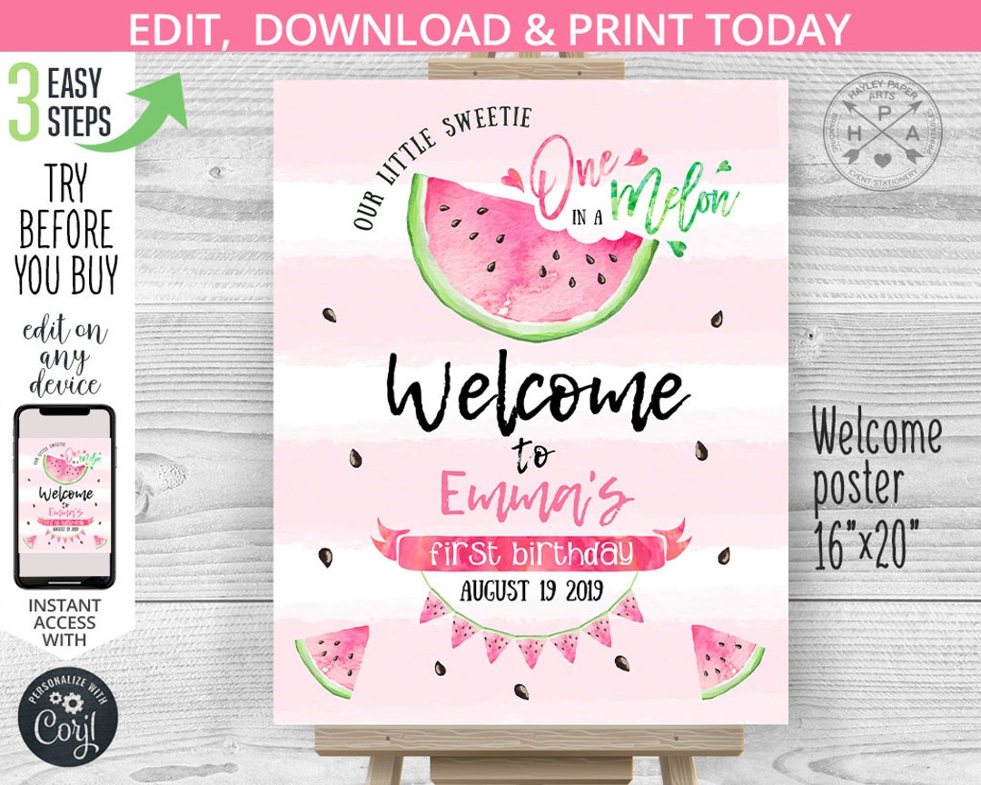 Watermelon Welcome Sign 1st First Birthday Party Poster 16x20 Guest ...
