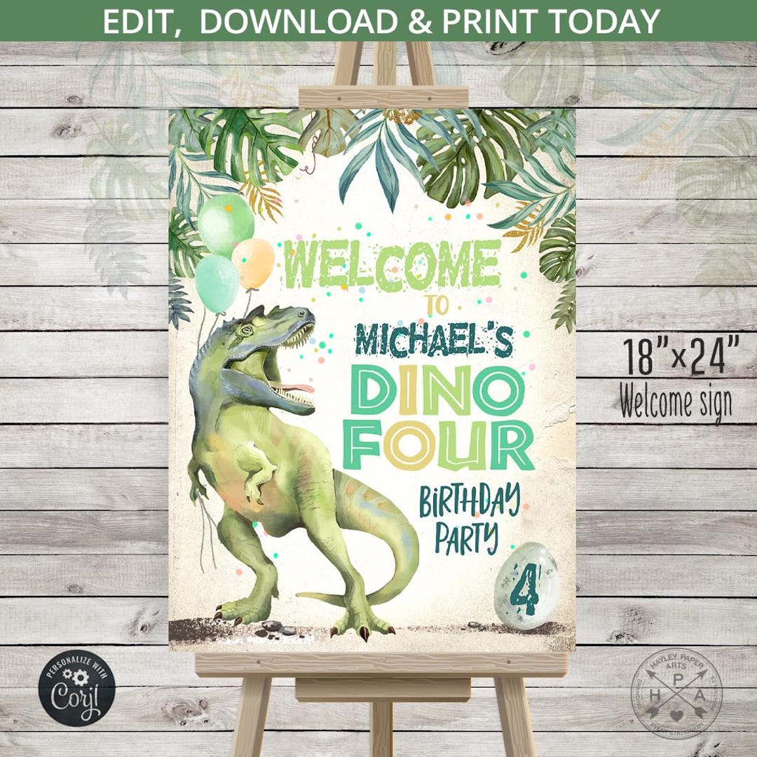 Dinosaur Welcome Sign Dino Four Rex 18x24 Poster 4th Fourth Birthday ...