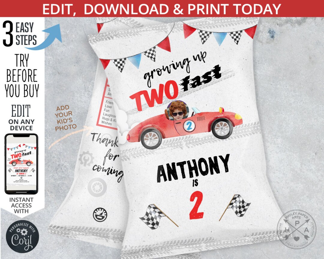 Two Fast Vintage Race Car Birthday Chips Bag, 2nd Birthday, Racing Car ...