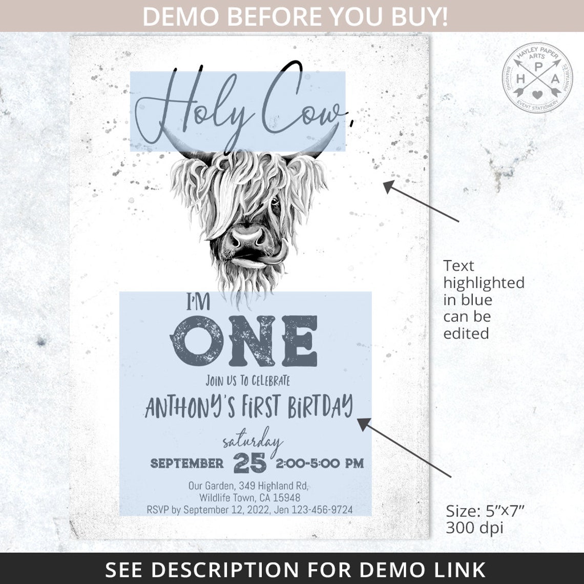 Holy Cow Birthday Invitation I'm One Highland Cow Black White Farm Boy ...