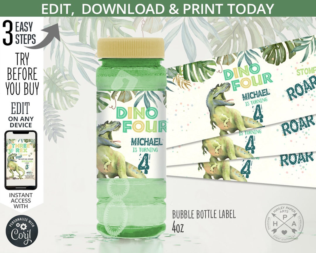 DINO FOUR Dinosaur Bubble Bottle Labels. T-rex, Dino-mite Party, Dino ...