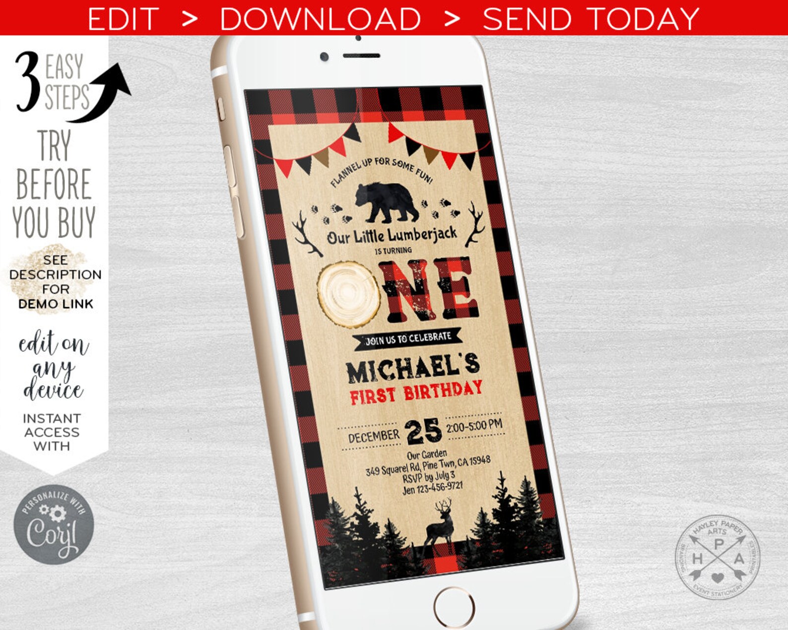 Lumberjack First Birthday Electronic Invitation 1st Party Bear ...