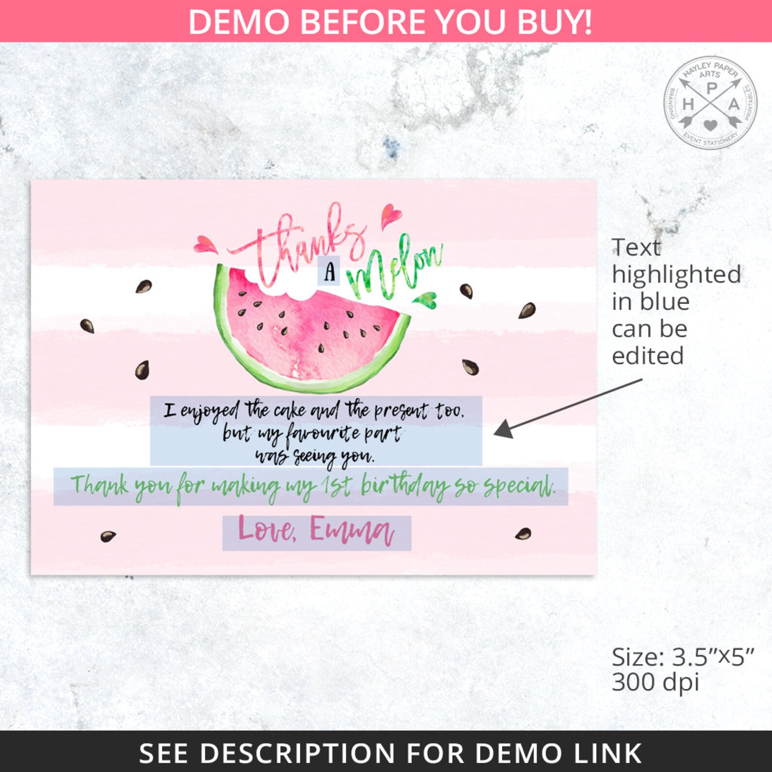 EDITABLE Watermelon Thank You Card Thanks a Melon One in a | Etsy