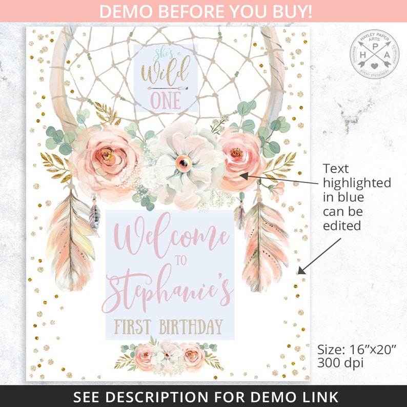 Wild One Dreamcatcher Welcome Sign Boho Blush Pink Roses 1st Birthday ...