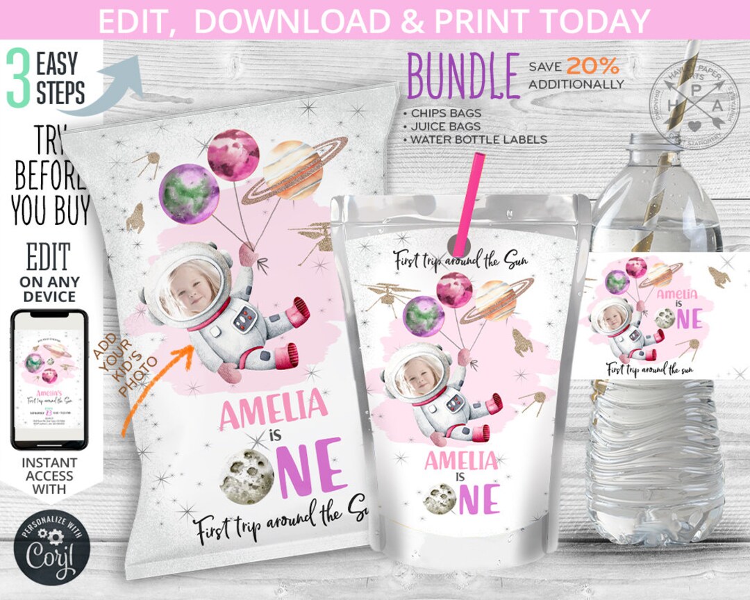BUNDLE Outer Space Chips Bag, Juice Label, Water Bottle, Snacks Treats ...