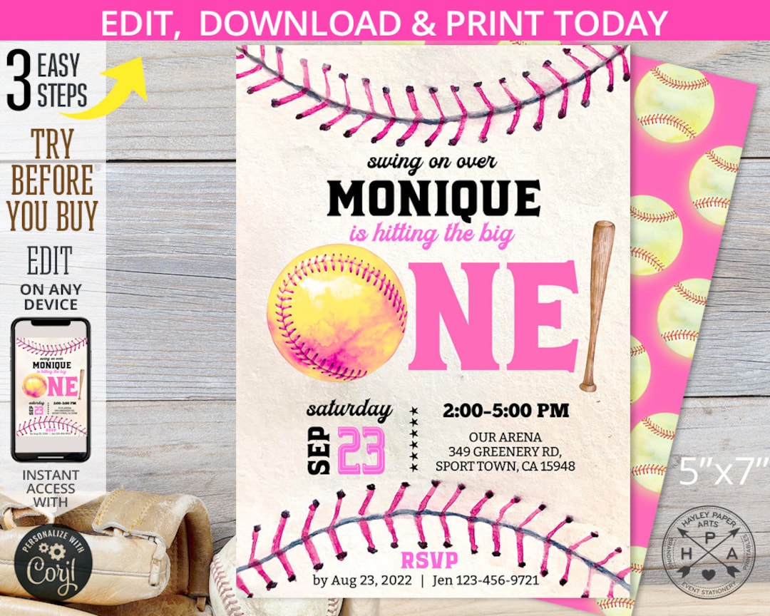 Softball First Birthday Invitation ONE Pink Yellow Ball Girl Party ...