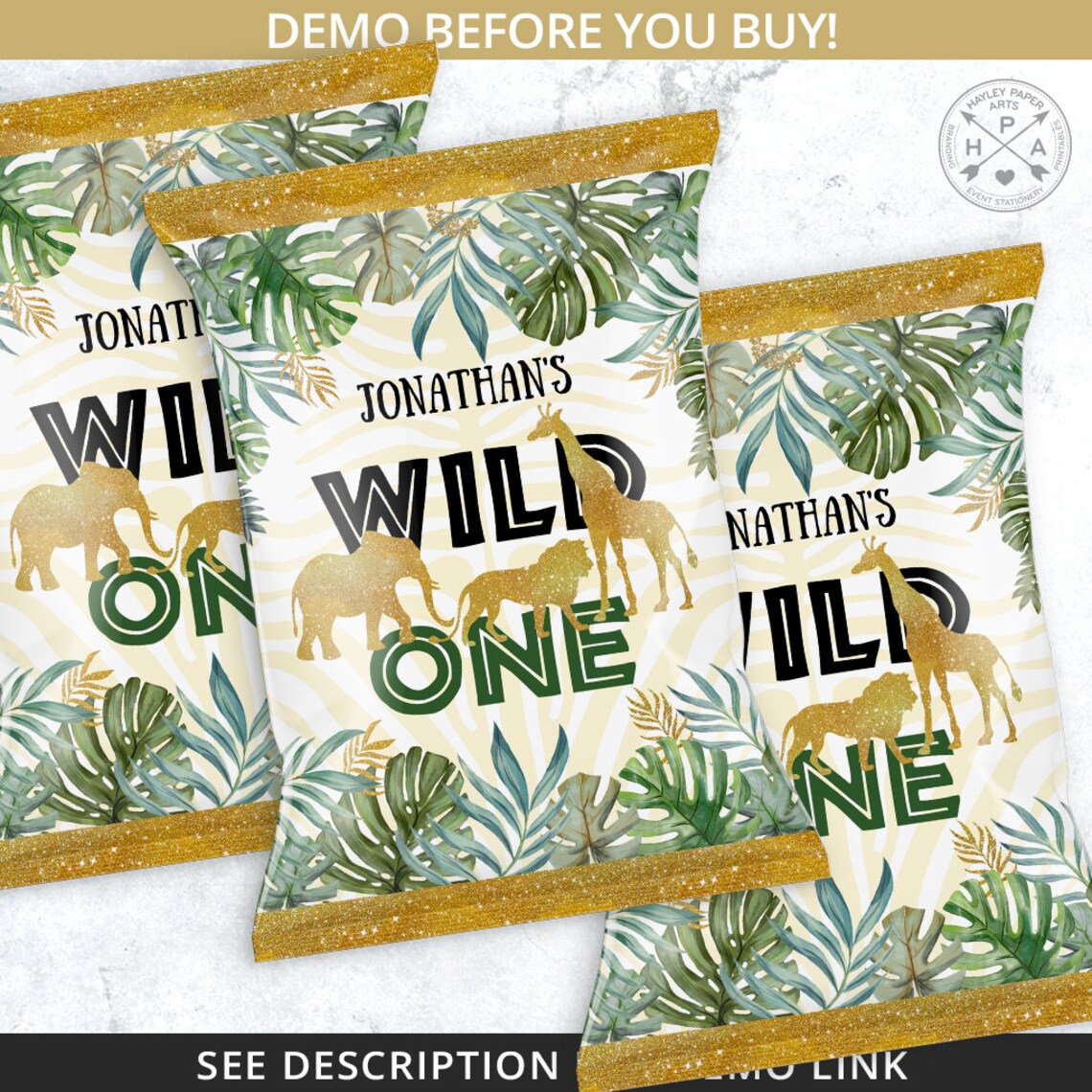 EDITABLE Jungle Wild One Chip Bag Snacks Treats Bags Safari | Etsy