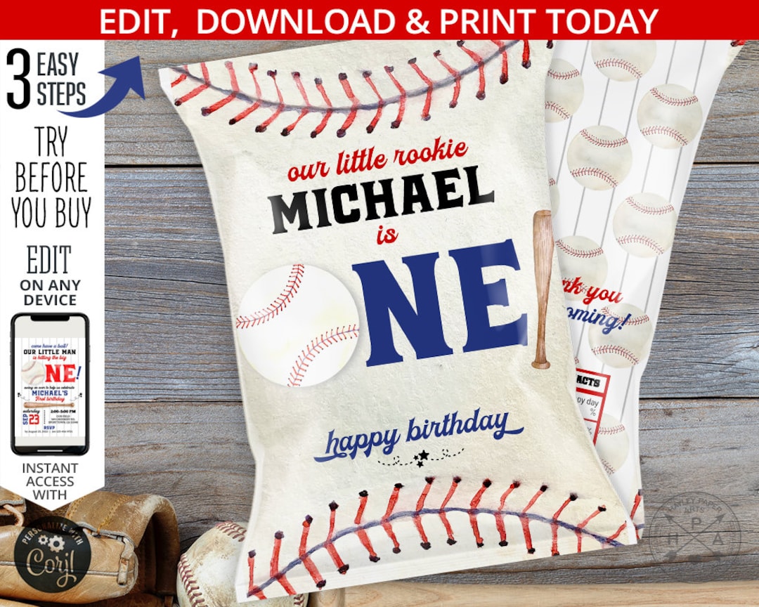 Baseball Chips Bag First Birthday Party Favor, ONE, Chip Pouch ...