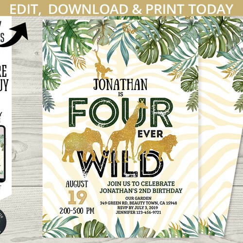 Four Ever Wild Safari Birthday Sign Gold Animals 4th Birthday - Etsy