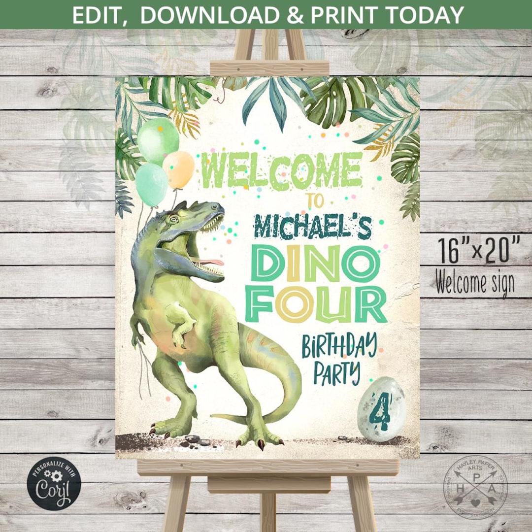 Dinosaur Welcome Sign Dino Four Rex 16x20 Poster 4th Fourth Birthday ...