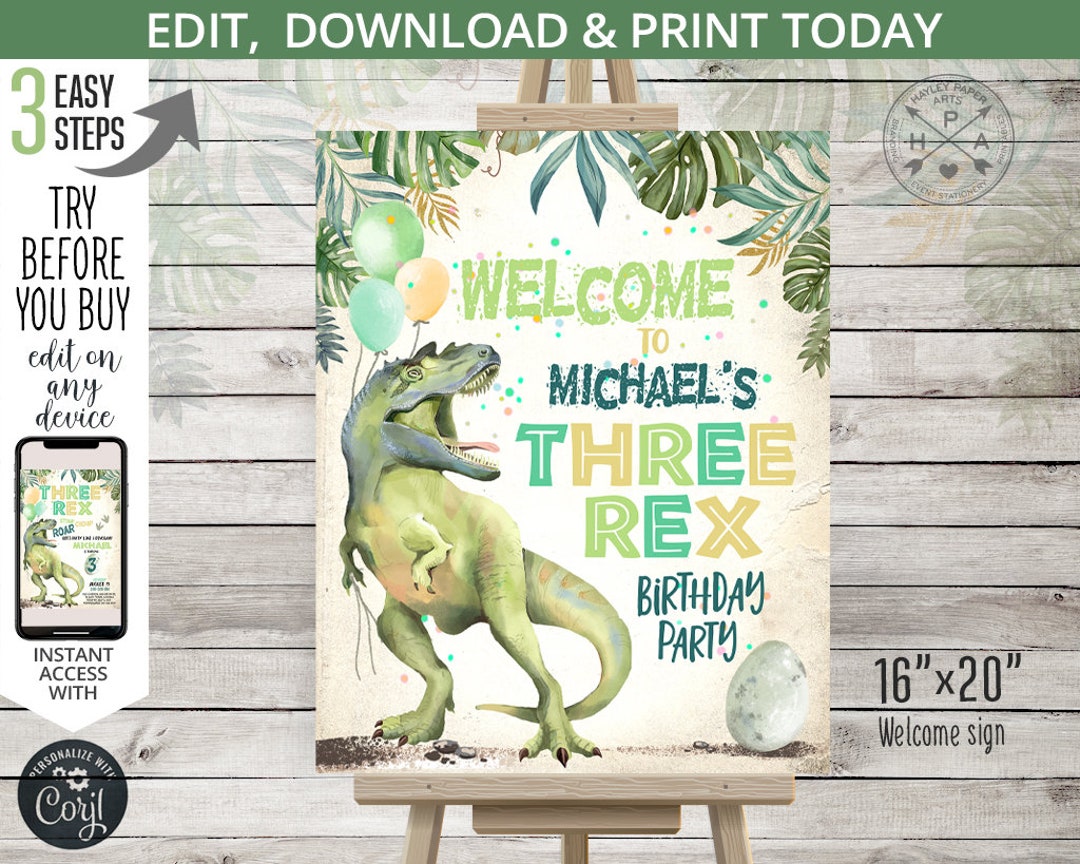 Dinosaur Welcome Sign Three Rex 16x20 Poster 3rd Third Birthday. Dino ...