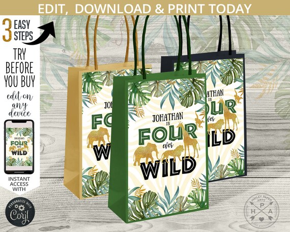 FOUR ever WILD jungle party animals paper bag labels green safari ...