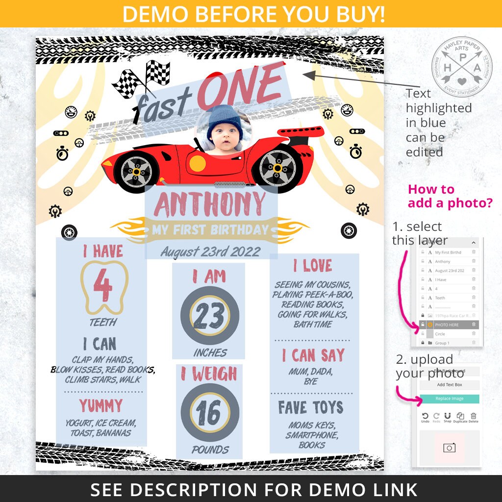 Race Car Fast ONE Stats Milestone 1st Birthday Sign. First Speed Racing ...