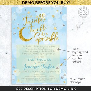 EDITABLE Twinkle It's a Sprinkle Baby Shower Poem Gold Blue Script ...