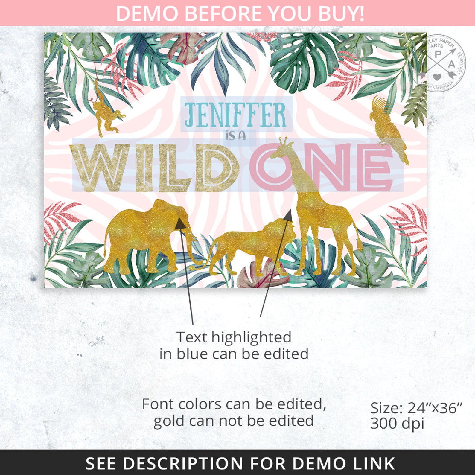 EDITABLE Jungle Wild One Table Backdrop 36x24 1st First - Etsy