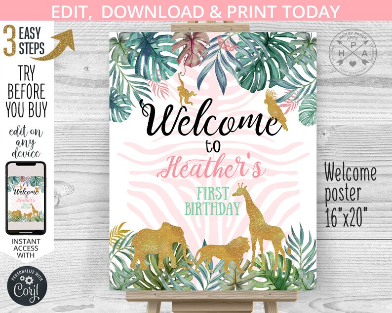 EDITABLE Jungle Welcome Poster Sign 1st Party First Third - Etsy