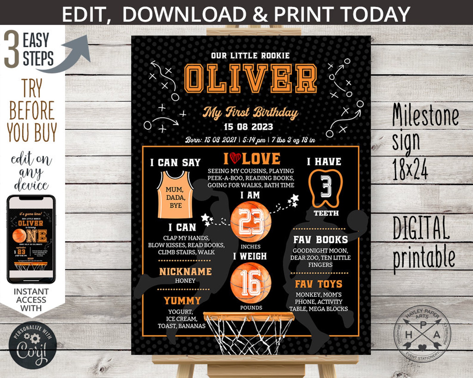 Basketball 1st Birthday Stats Milestone Poster Sign. Little Rookie Year ...