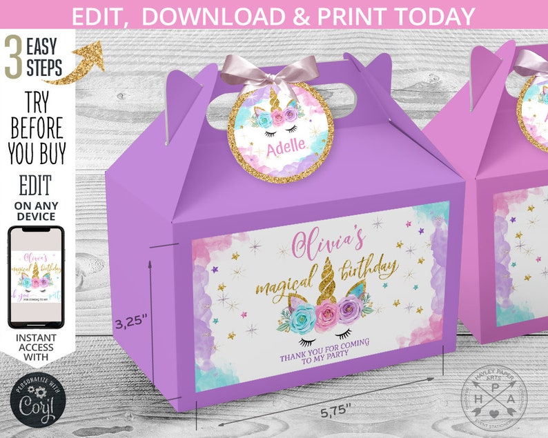 EDITABLE Unicorn Birthday Gable Gift Box Labels and Tags. - Etsy