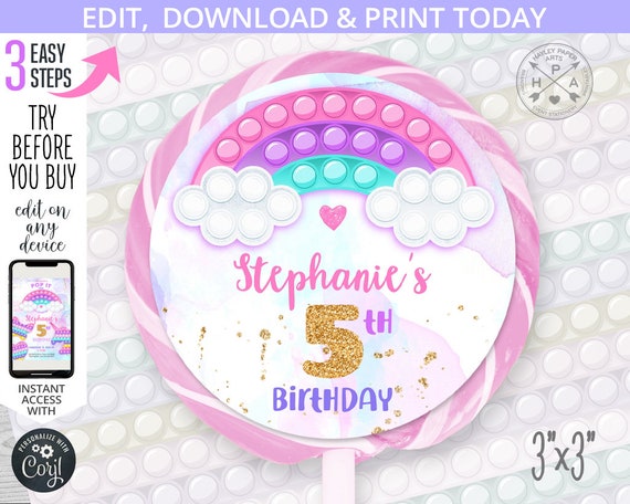 Lollipop pop it party fidget toys candy label sticker purple pink girl ...