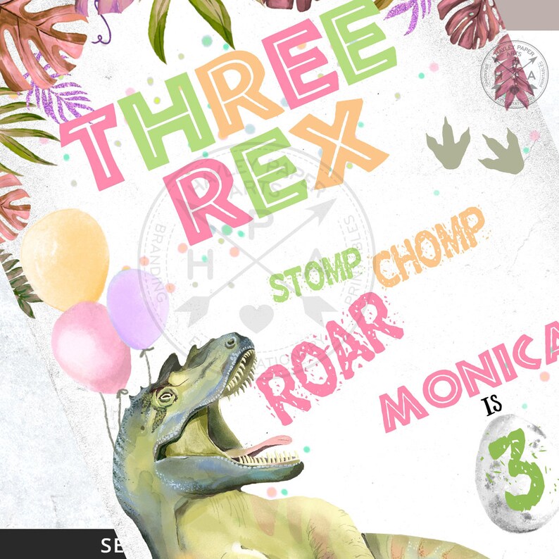 Dinosaur Three Rex Paper Bag Label, Gift Labels, T-rex Dino Third Girl ...