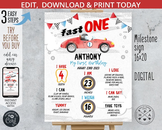 Fast ONE race car vintage red auto stats milestone 1st birthday sign ...
