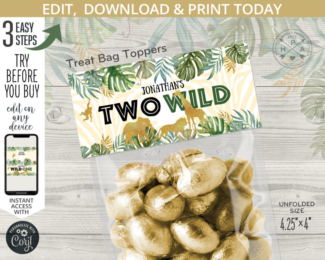 Jungle Two Wild Treat Bag Topper Label Safari Animals Treats Candy ...