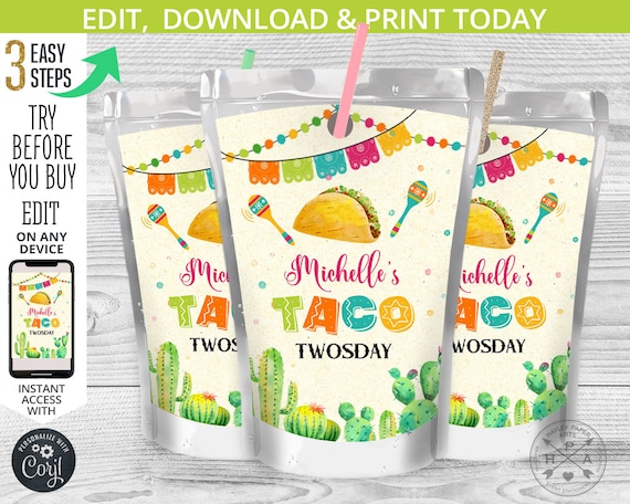 Taco twosday girl birthday party juice label. Cactus succulent kids fun ...