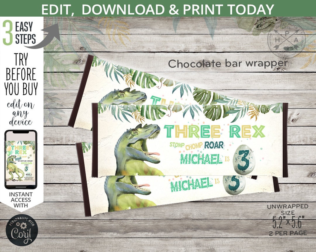 Three Rex Dinosaur Chocolate Candy Bar Wrapper Labels Dino T-rex ...