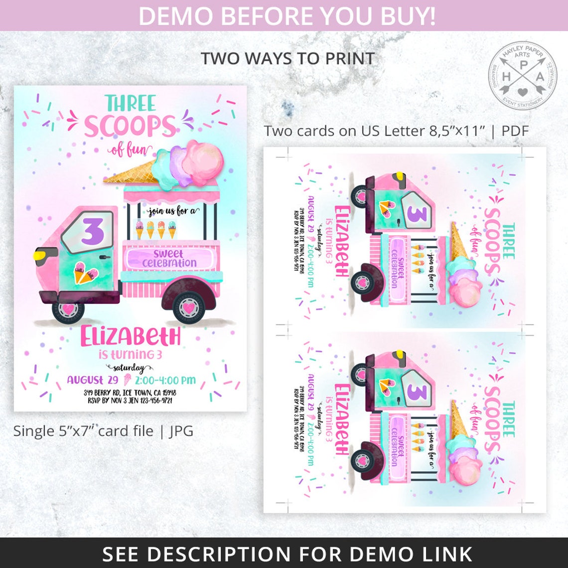 Ice Cream Truck Birthday Three Scoops Of Fun Invitation 3rd Etsy