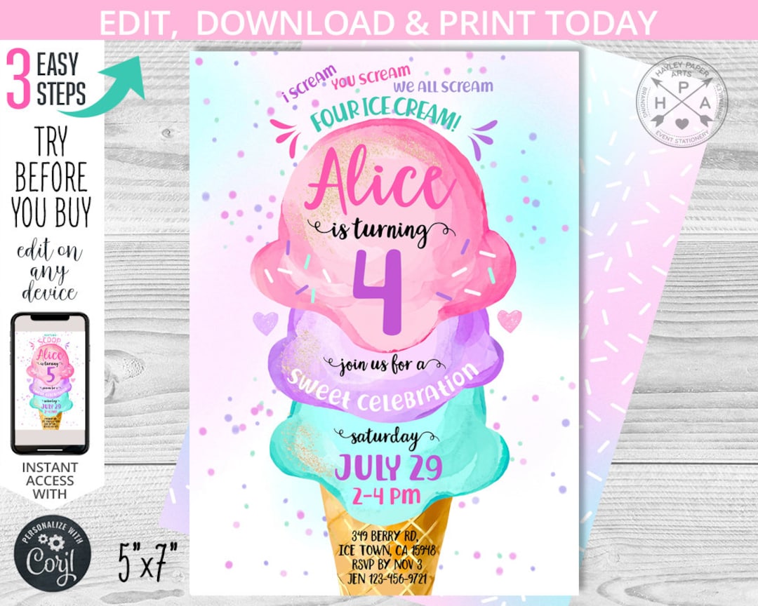 Ice Cream Fourth Birthday I Scream We All Scream Invitation Purple Pink ...