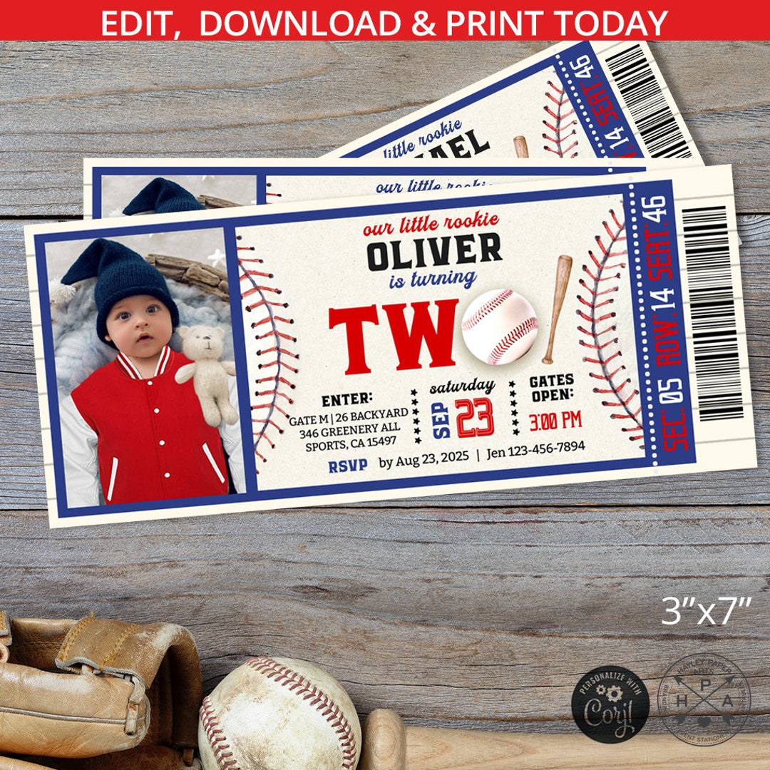 Baseball Ticket Invitation Second Birthday TWO Navy Blue Red Boy Party ...
