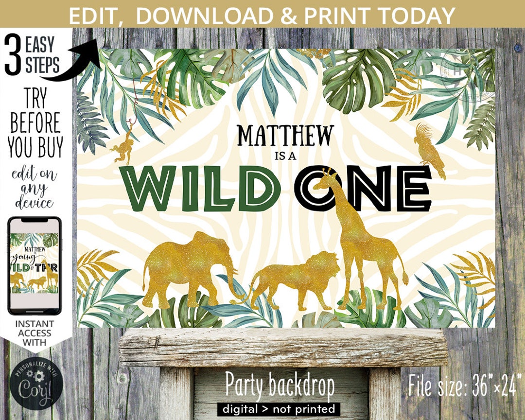 EDITABLE Jungle Wild One Table Backdrop 36x24 1st First Birthday Safari ...