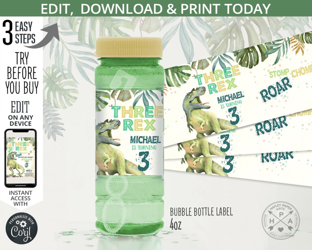 Three Rex Dinosaur Bubble Bottle Labels. T-rex, Dino-mite Party, Dino ...