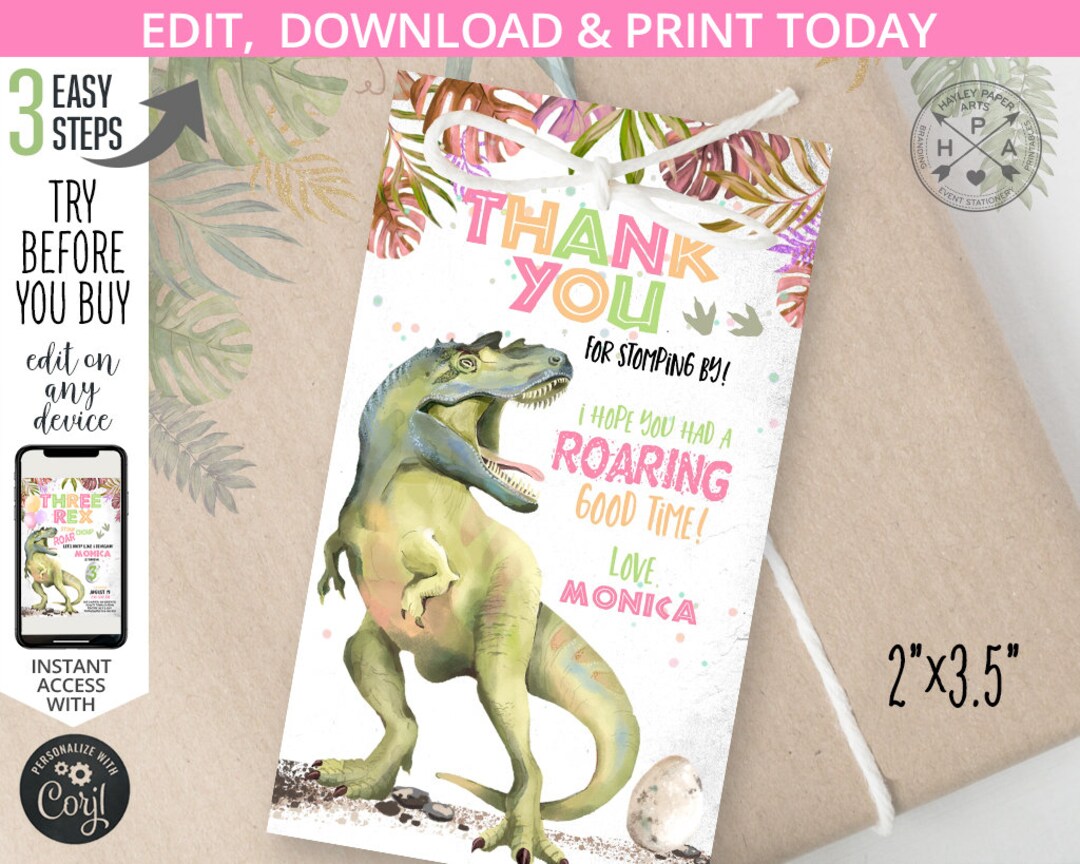 Dinosaur Thank You Favor Gift Tag Third Three Rex Dino-mite T-rex Girl ...