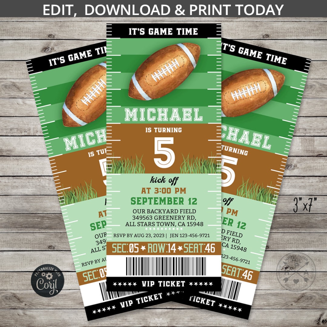 Football Ticket Invitation Birthday Boy Party Card US Football Gridiron ...