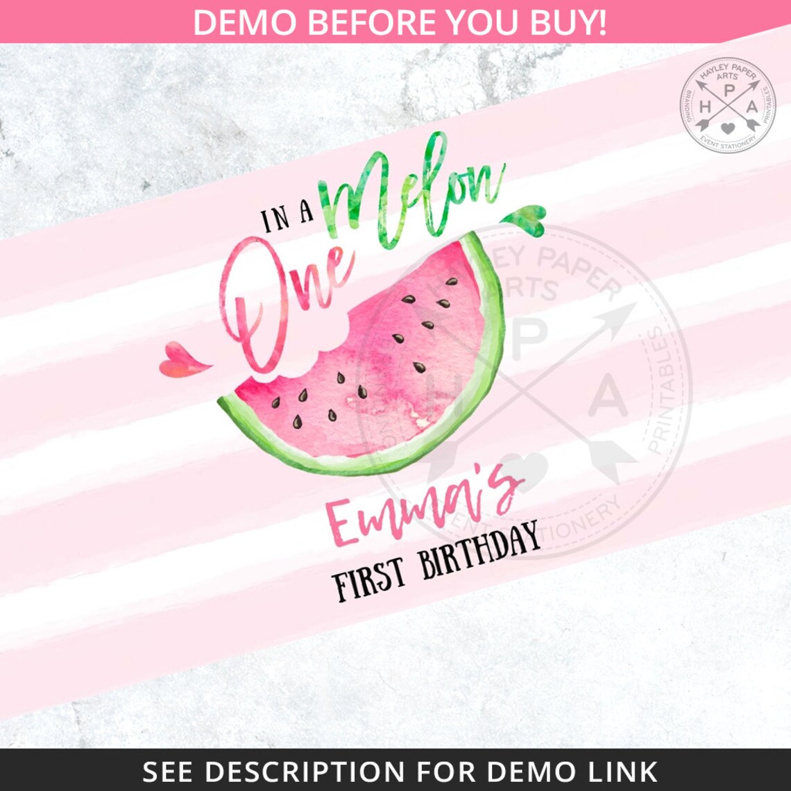 EDITABLE Watermelon Bottle Labels One in a Melon First Girl - Etsy