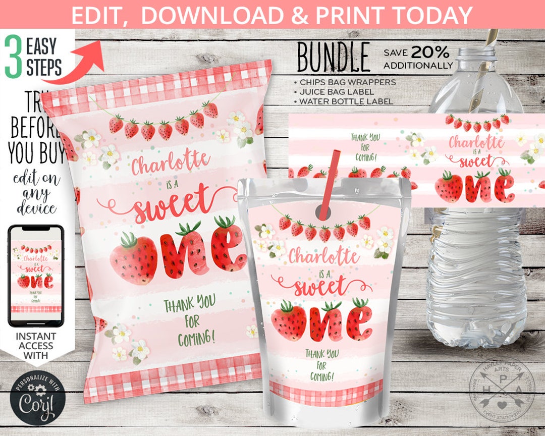 BUNDLE Strawberries Sweet ONE Berry First Chips Bag, Juice Water Bottle ...