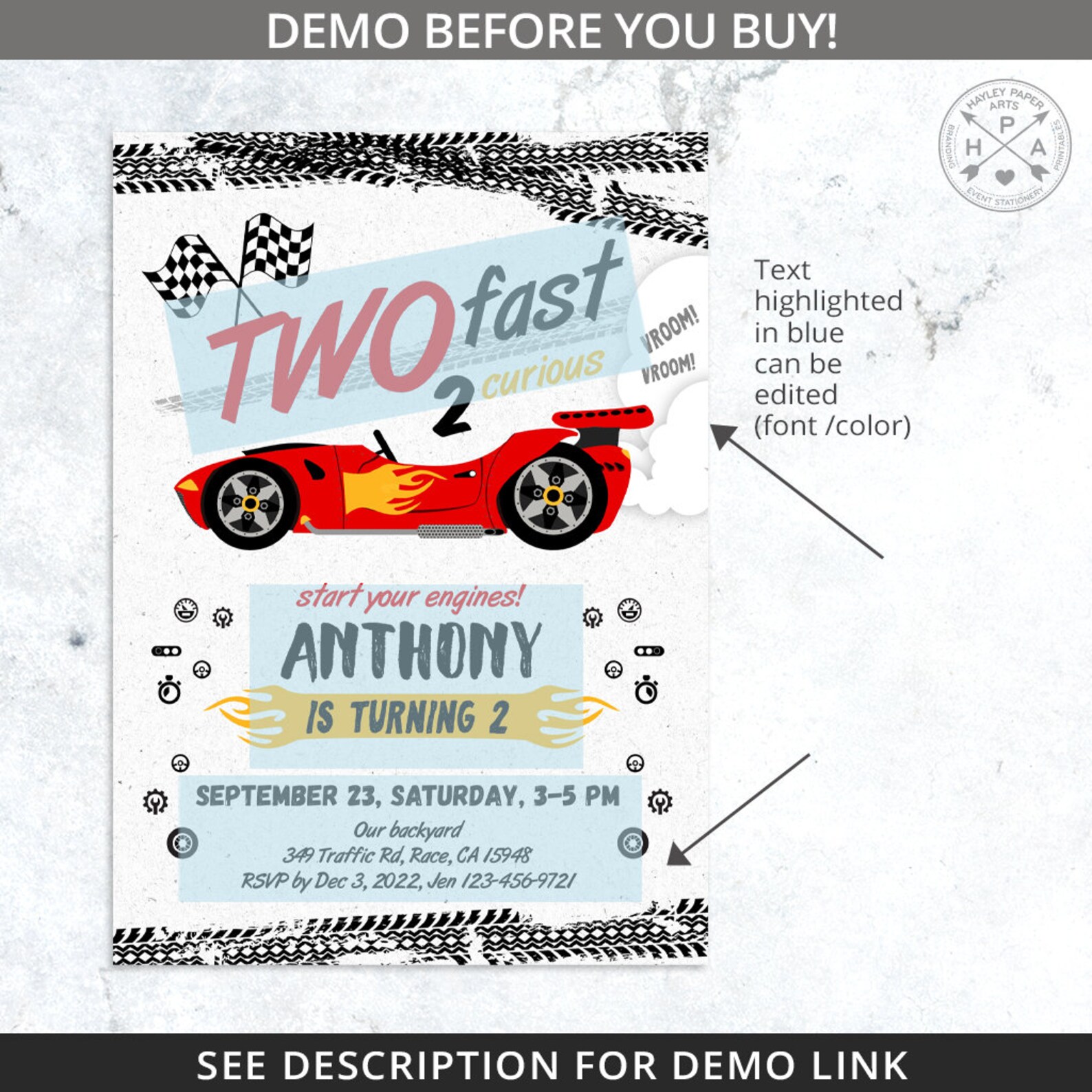 Two Fast Race Car Birthday Invitation Two Fast 2 Curious 2nd - Etsy