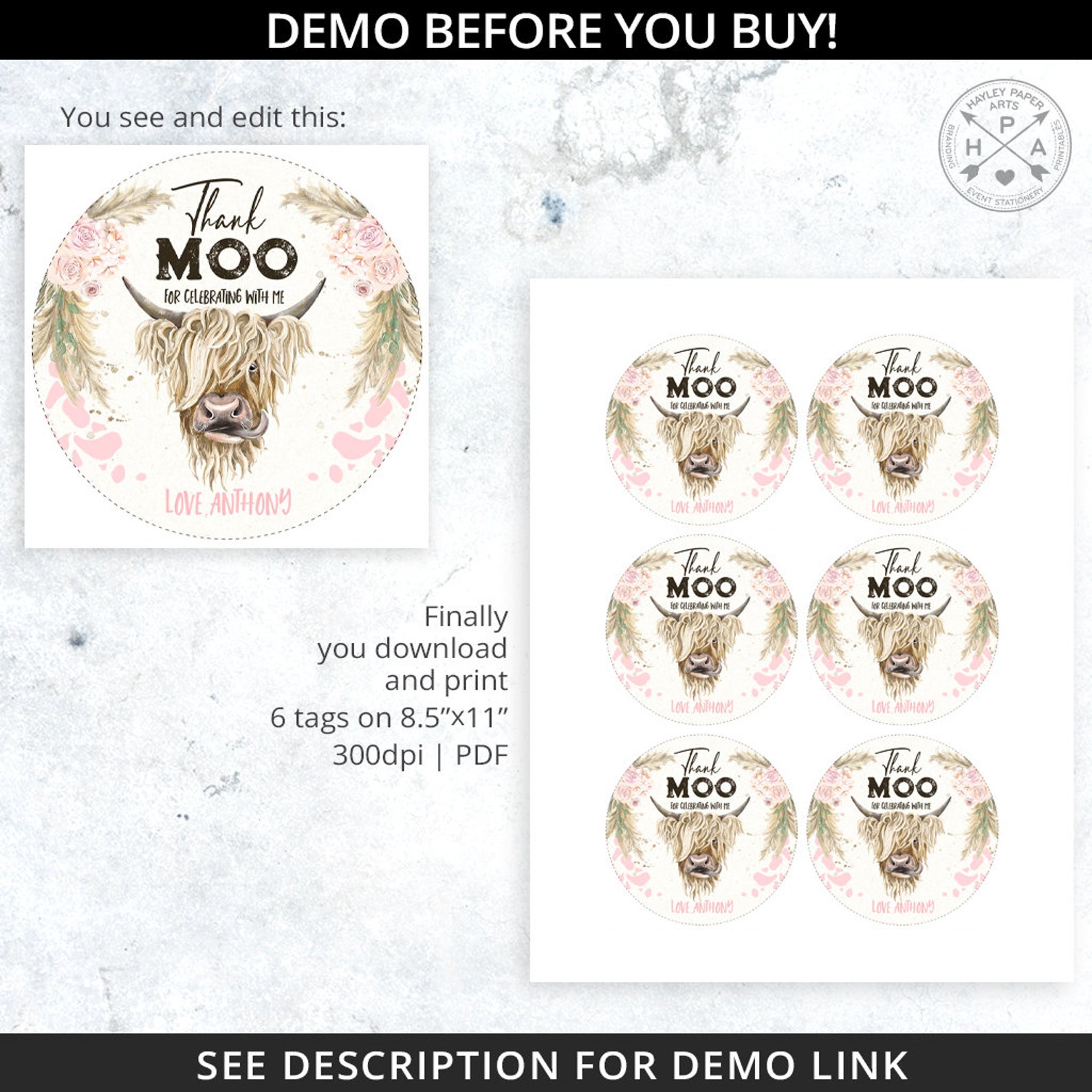 Holy Cow Thank You Tag. Highland Cow Thank Moo Circle Round - Etsy