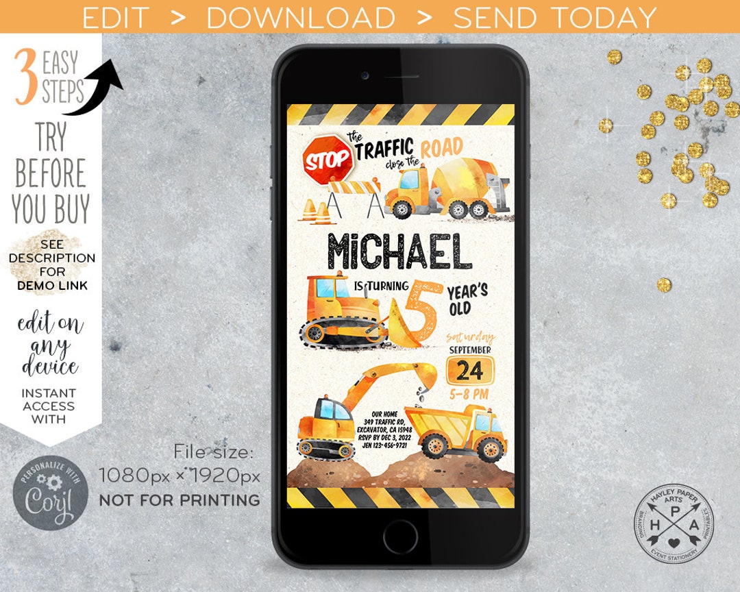 Construction Electronic Birthday Party Invitation. Truck Yellow Digger ...