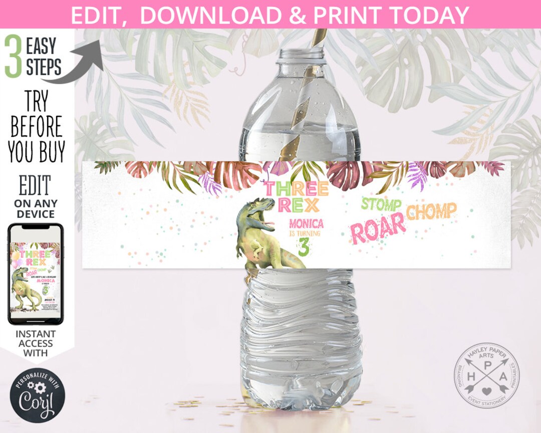 Dinosaur Three Rex Water Bottle Labels T-rex Dino-mite Party Three-rex ...